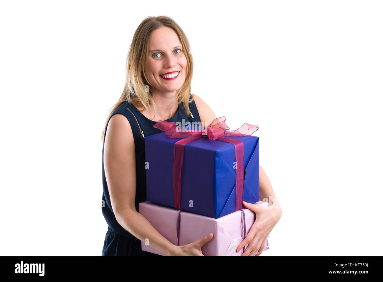 attractive woman carrying big poison packages,isolated on white Stock ...