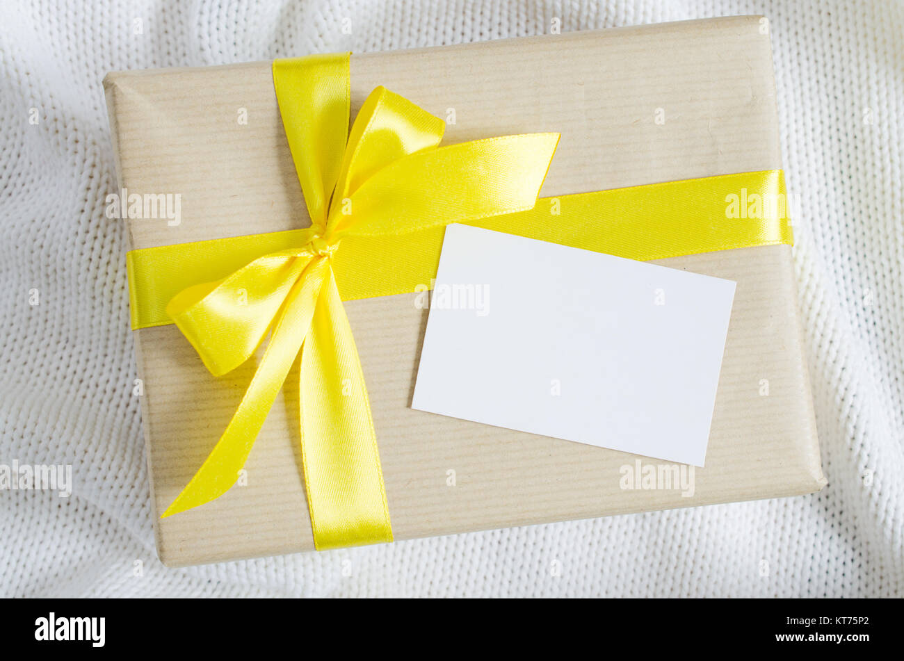 Present With Empty Postcard on Knitted background Stock Photo - Alamy