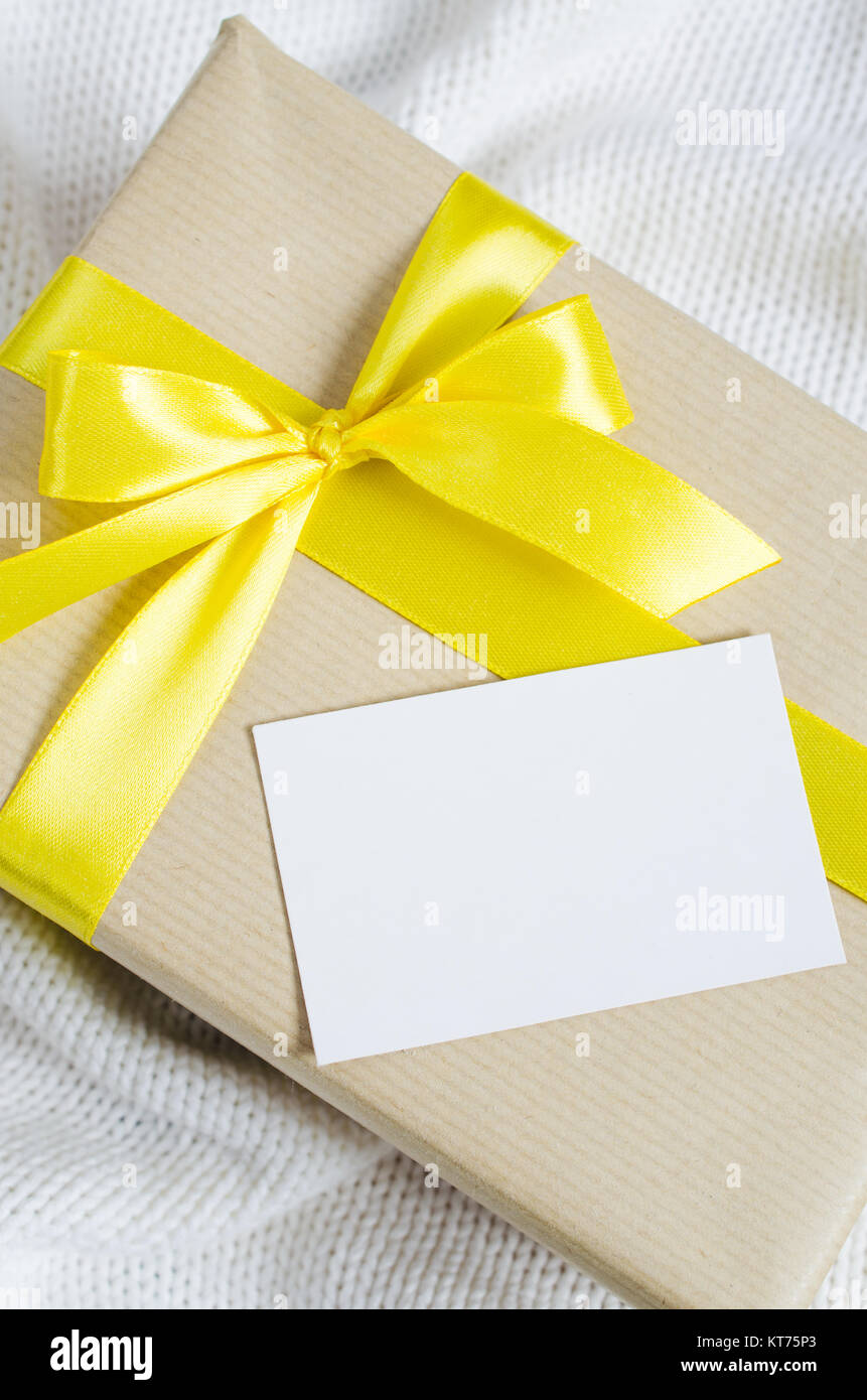 Present With Empty Postcard on Knitted background Stock Photo - Alamy