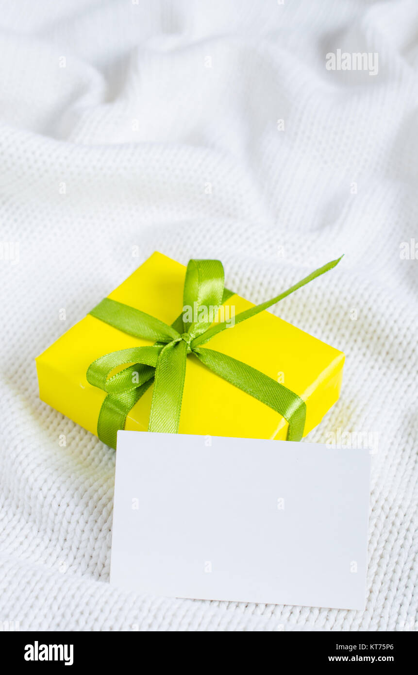 Present With Empty Postcard on Knitted background Stock Photo - Alamy