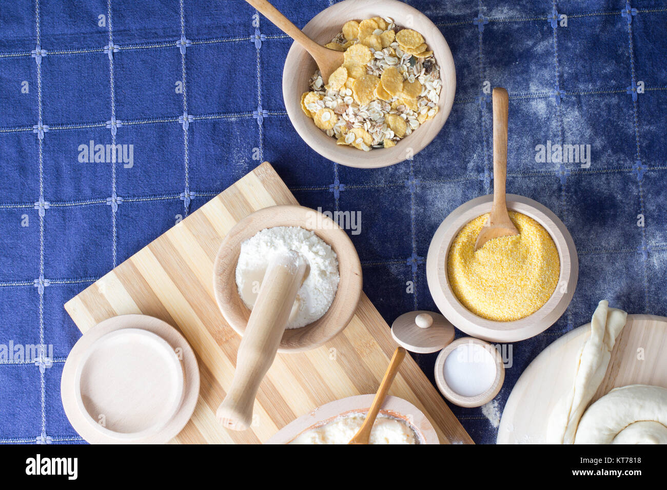 Various ingredients in woodwork dishes. Cereals, wheat, salt Stock ...