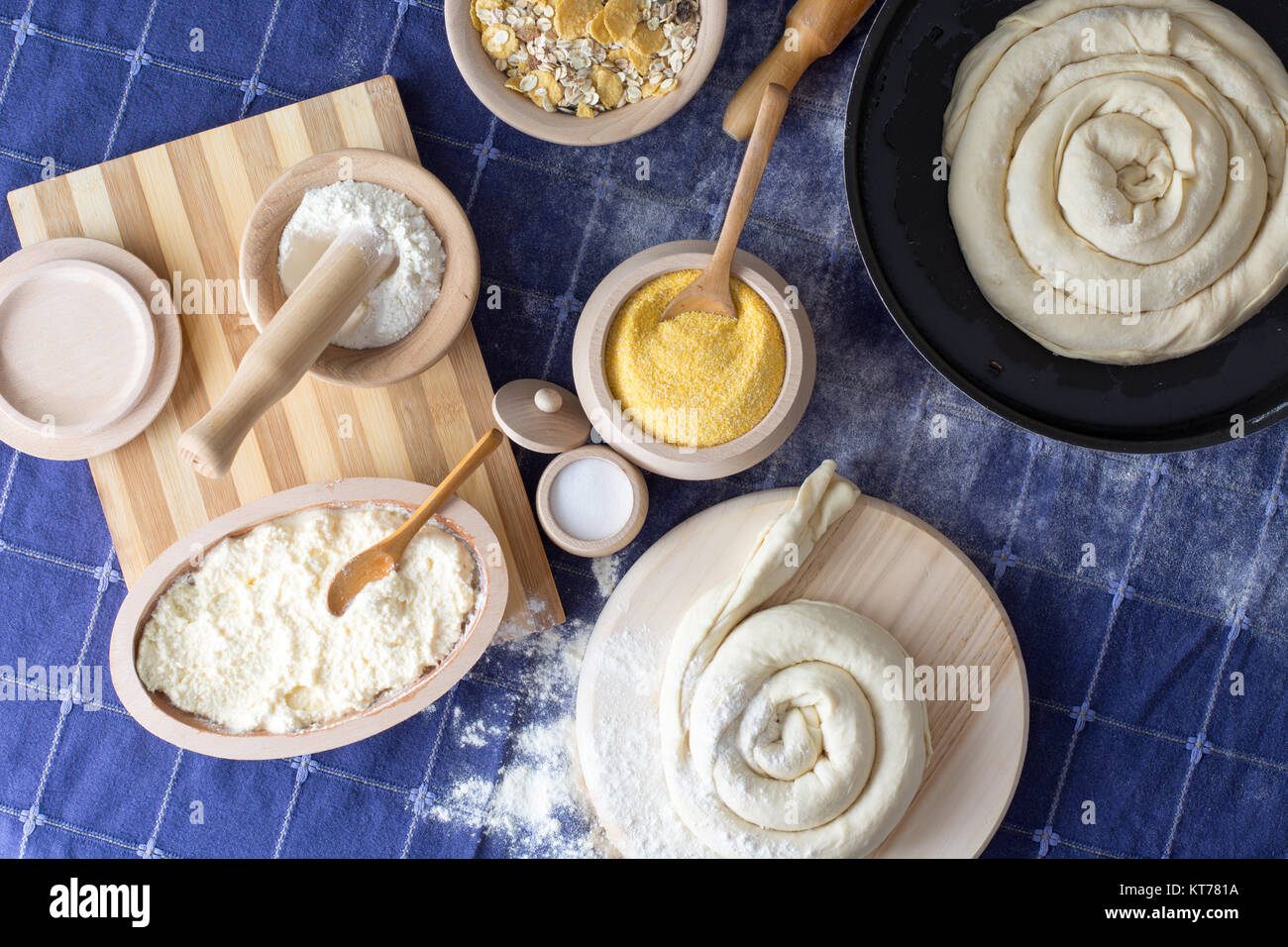 Various ingredients in woodwork dishes. Cereals, wheat, salt Stock ...