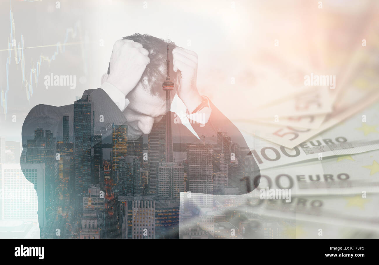 Double exposure of business man in stress over financial issues ...