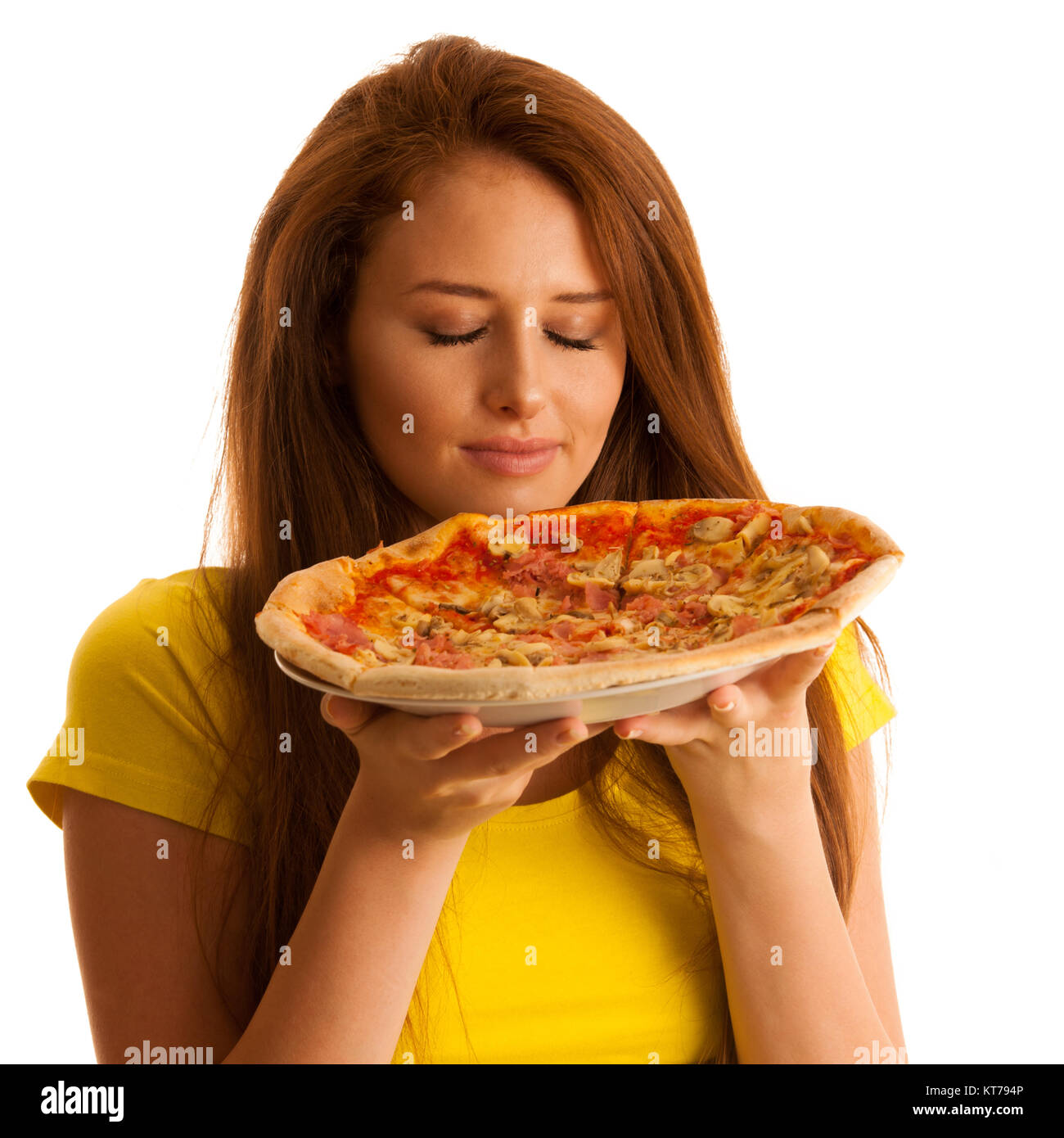 woman eats delicious pizza isolated over white background Stock Photo ...