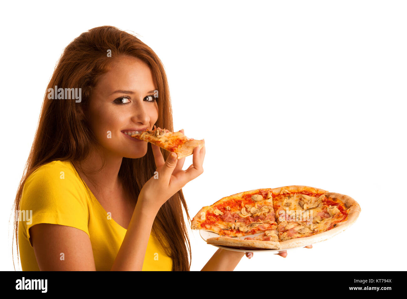 woman eats delicious pizza isolated over white background Stock Photo ...