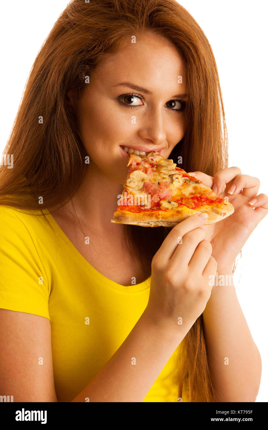 woman eats delicious pizza isolated over white background Stock Photo ...