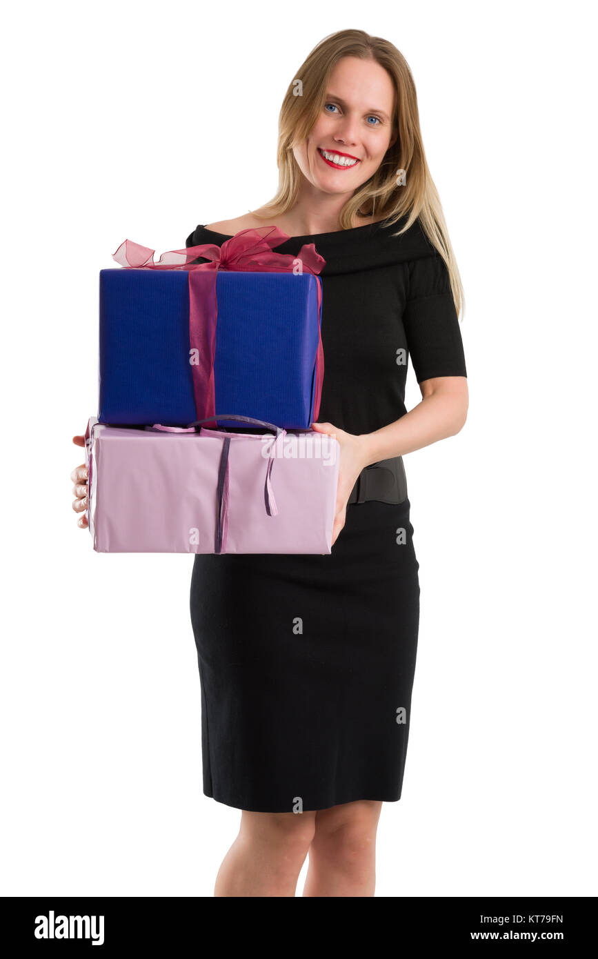 Attractive blonde woman in elegant black dress carrying big gift ...