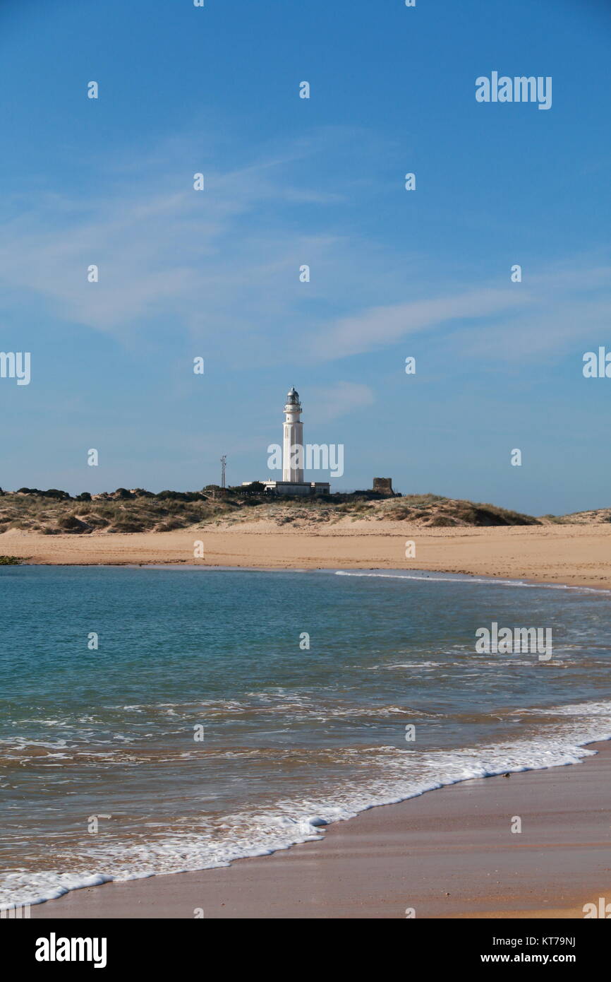 Seascape with the Trafalgar lighthouse in the background, on the shores ...
