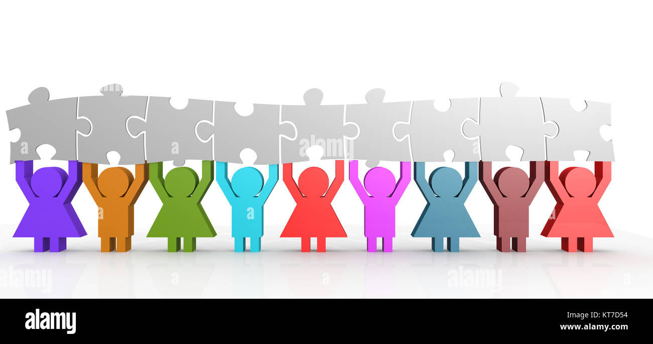 Nine people hold puzzle in a line Stock Photo - Alamy