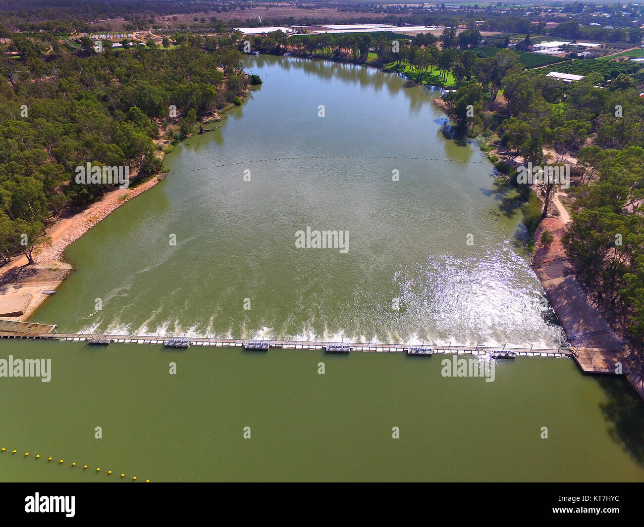 Aerial view of Mildura Weir. Location: River Murray, Mildura, Victoria ...