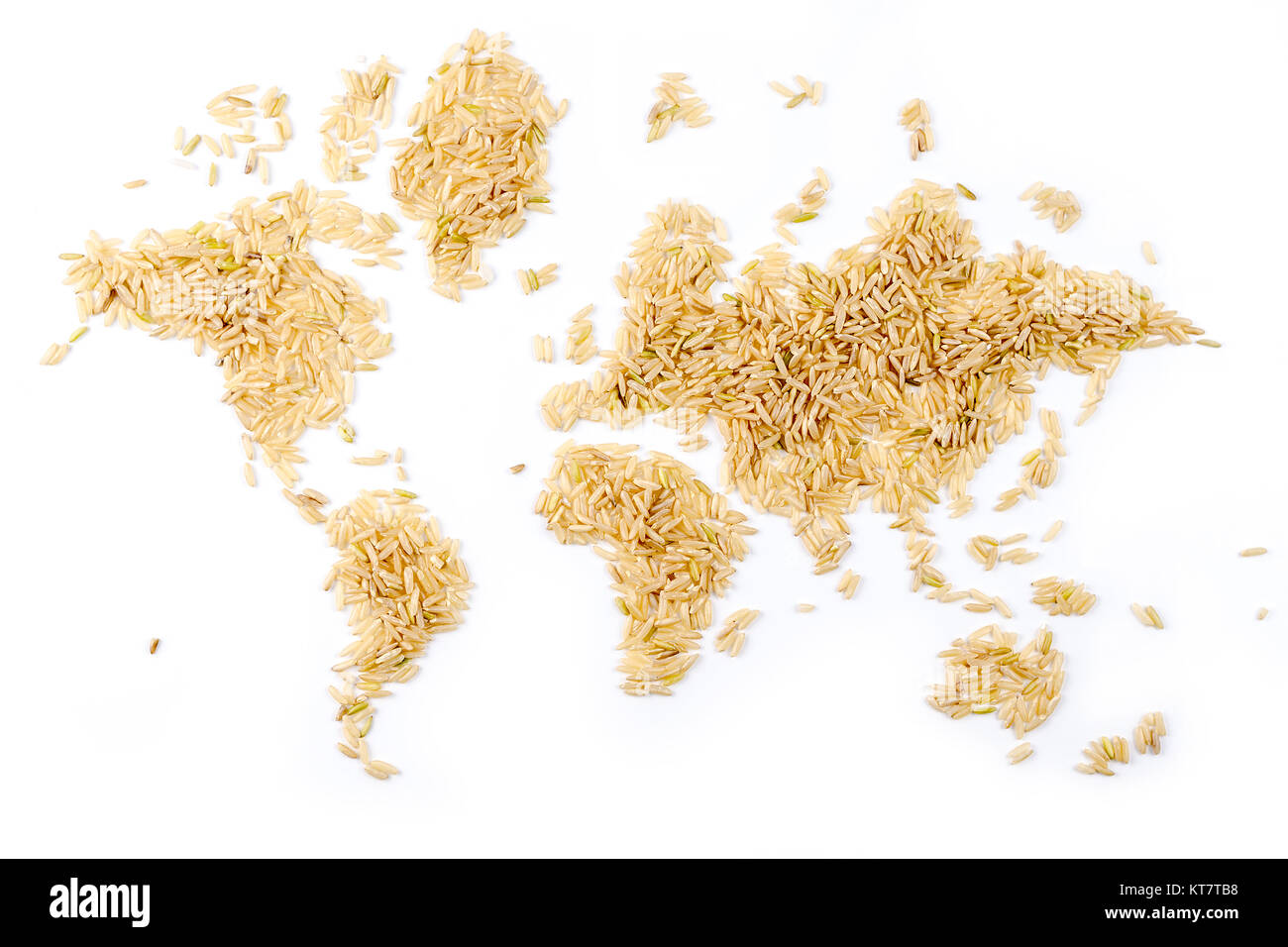 map of the world made of raw natural rice on white background Stock ...