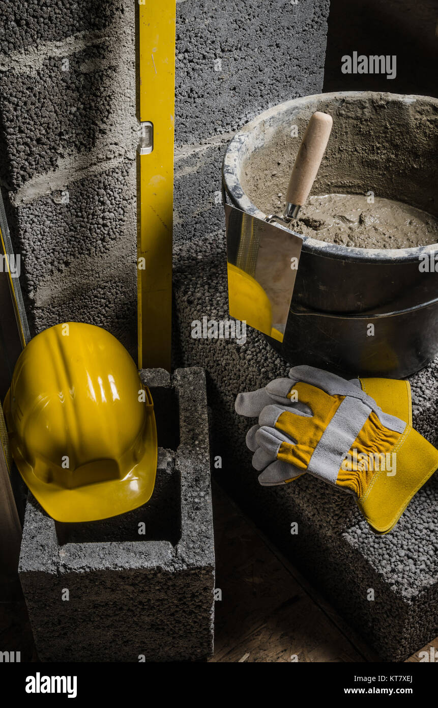 Tools for bricklayer bucket with a solution and a trowel, close Stock ...
