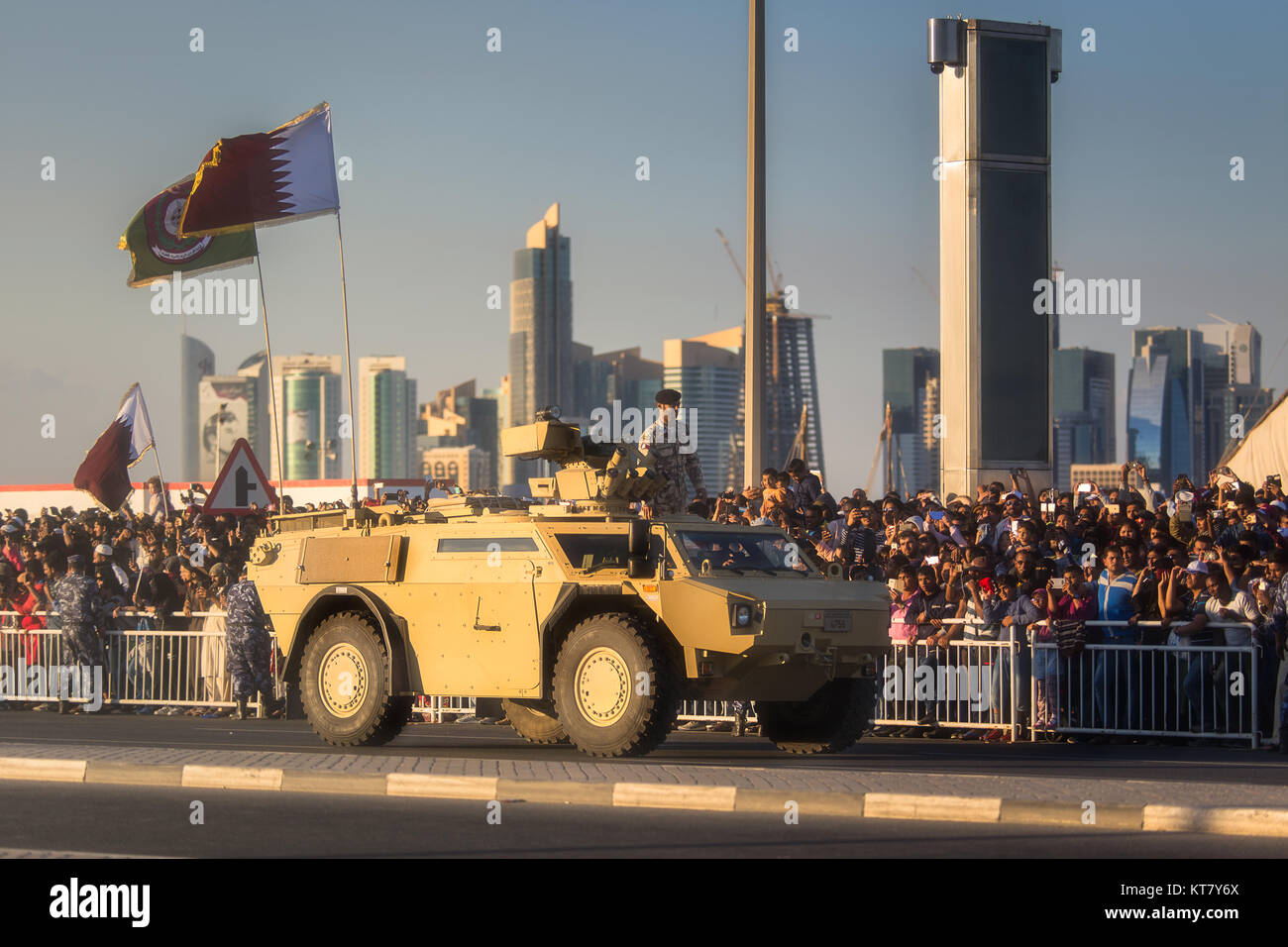 Doha, Qatar - December 18, 2017: Perform of military and civil machines ...