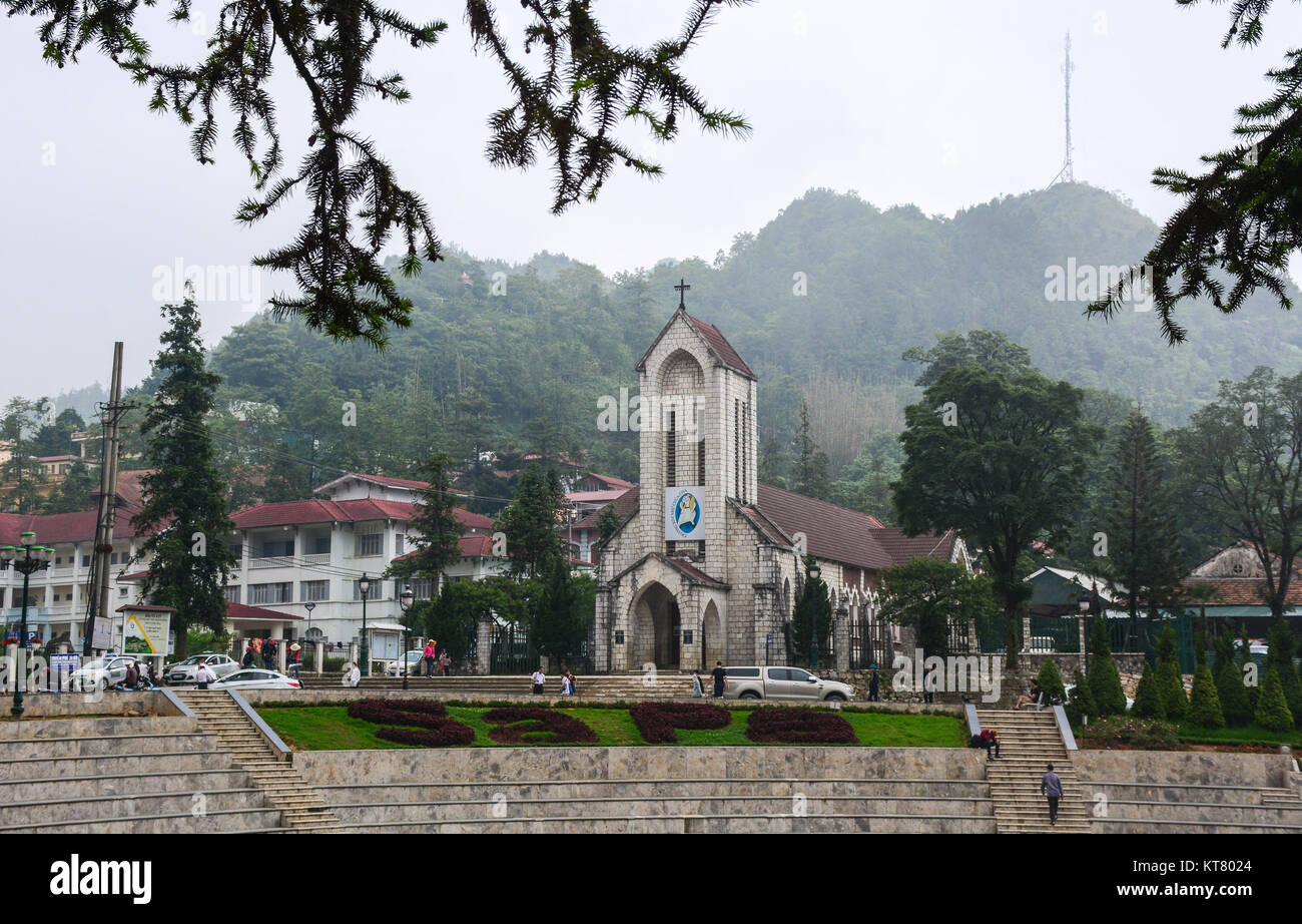 Sapa, Vietnam - May 30, 2016. Stone Church at downtown in Sapa, Vietnam ...