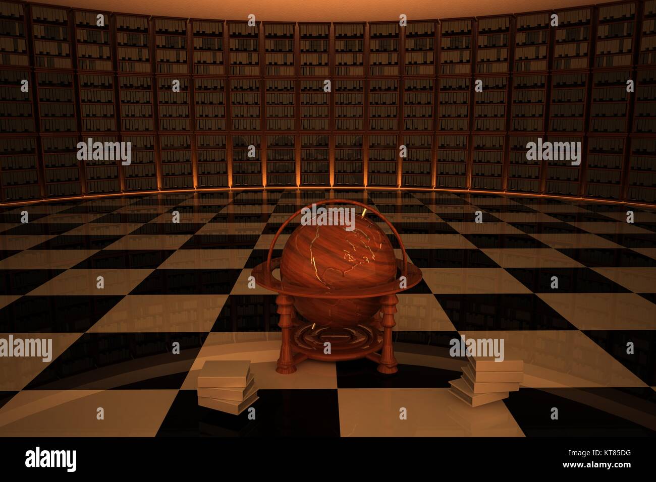 Library with old wooden globe in center Stock Photo - Alamy