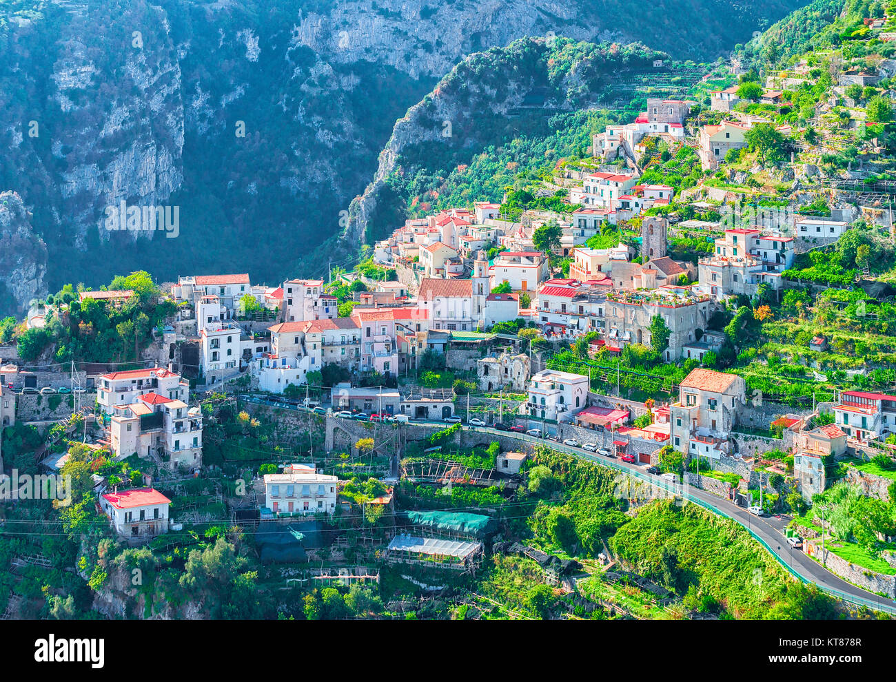 Scenery with houses in Ravello village, Tyrrhenian sea, Amalfi coast ...