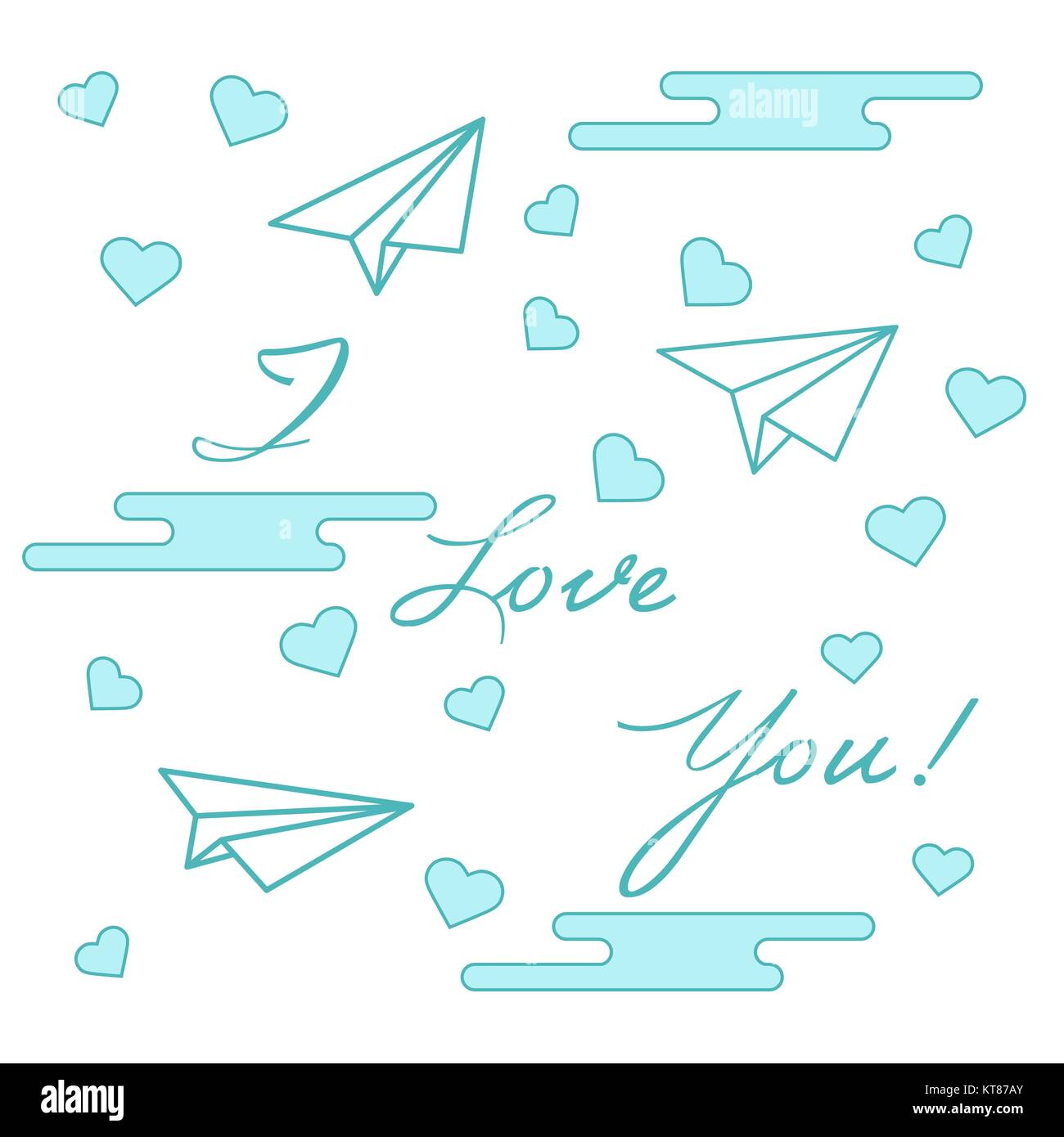 Paper airplane, hearts, clouds and inscription i love you.Template for ...