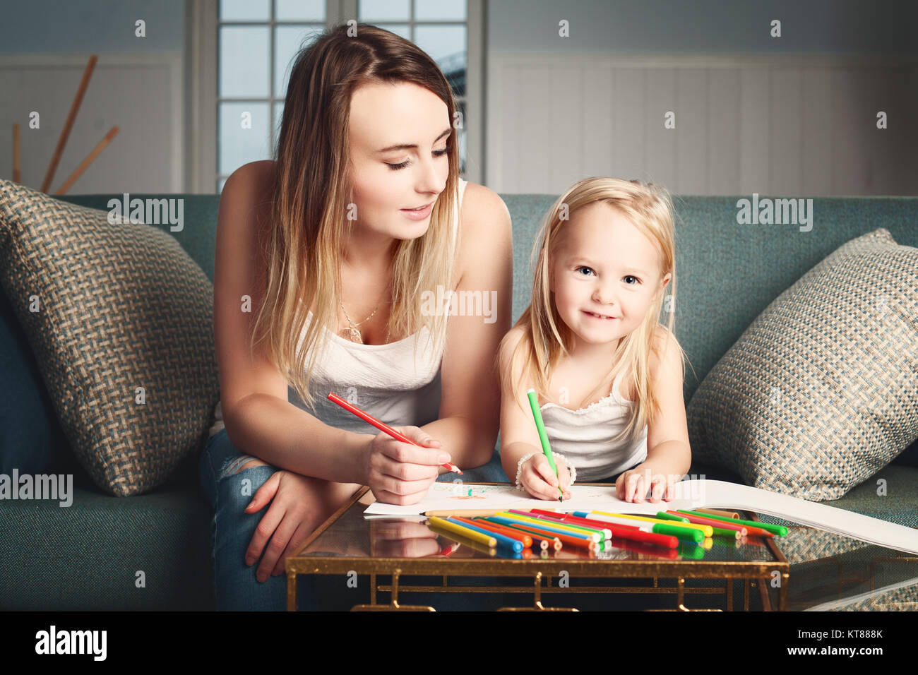 Woman and Child Drawing at Home. Smiling Daughter and Mother Painting ...