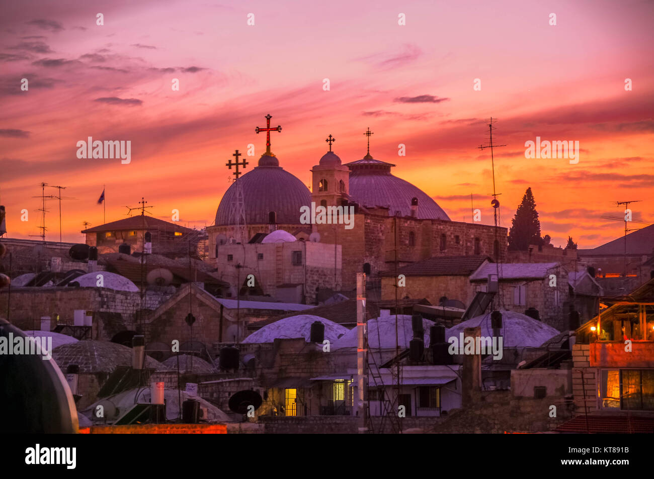 Jerusalem Old City and Holy Sepulchre at Night with blood red sky Stock ...