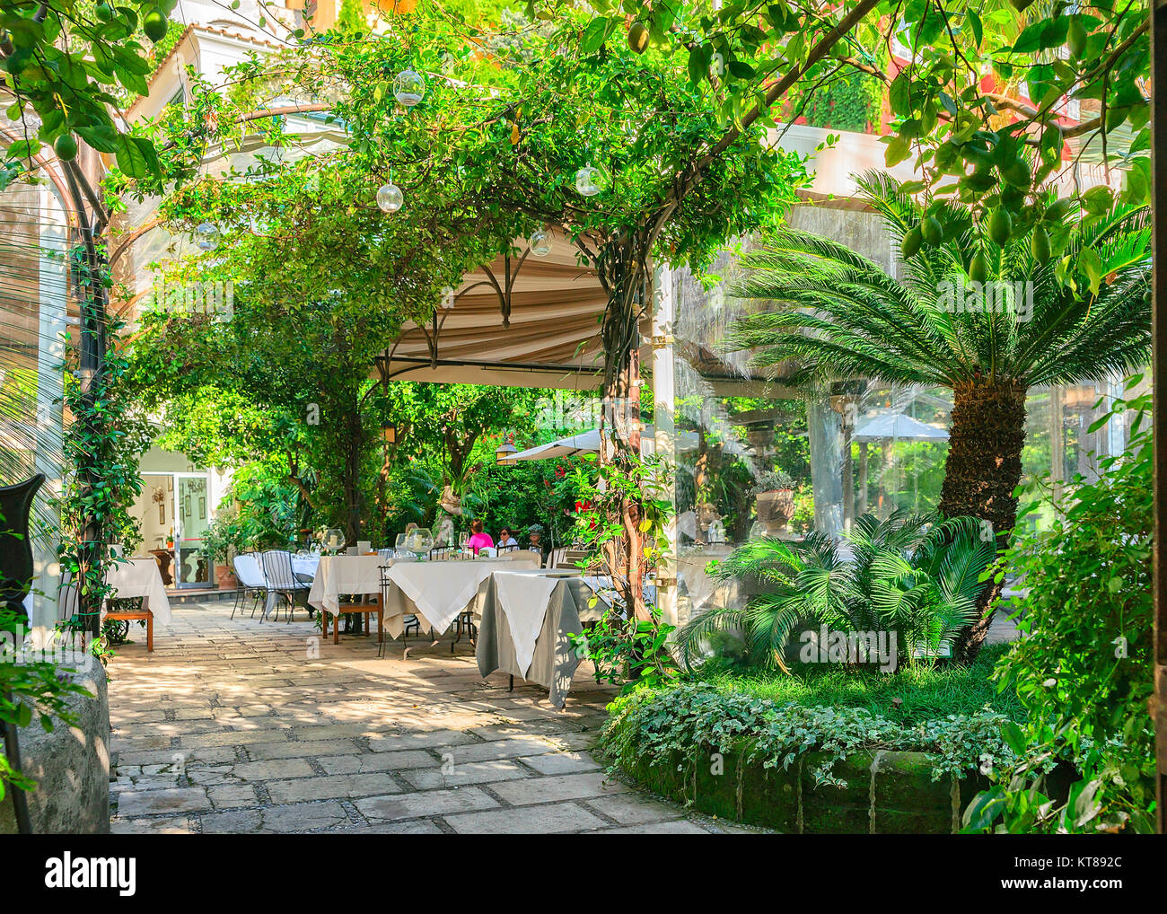 Positano, Italy - September 30, 2017: Tables of Street terraced cafe at ...