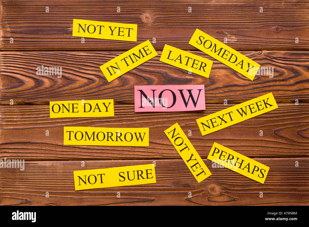 Do not delay work. Motivation words on a light wooden table, NOW ...