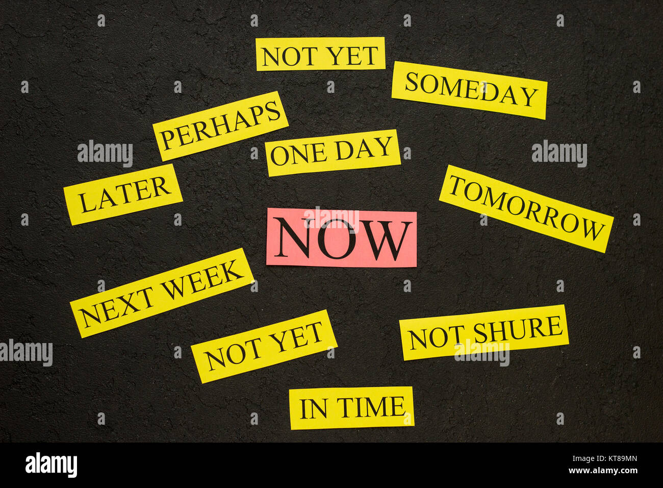 Do not delay work. Motivation words on a black concrete background, NOW ...