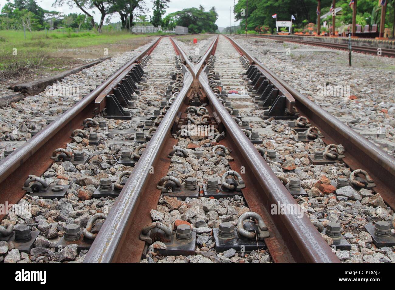 railway track on gravel for train transportation: Select focus with ...