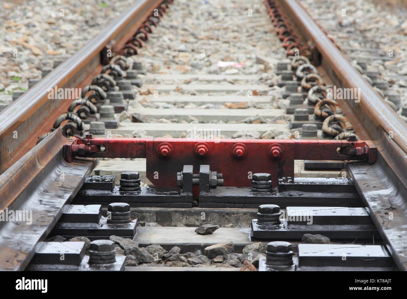 railway track on gravel for train transportation: Select focus with ...