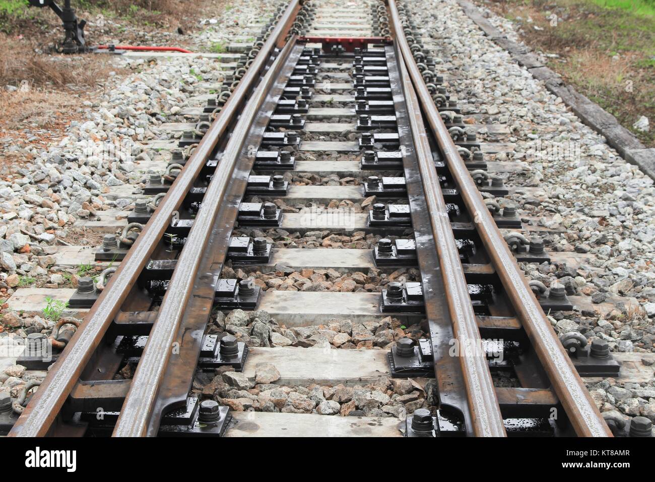 railway track on gravel for train transportation: Select focus with ...