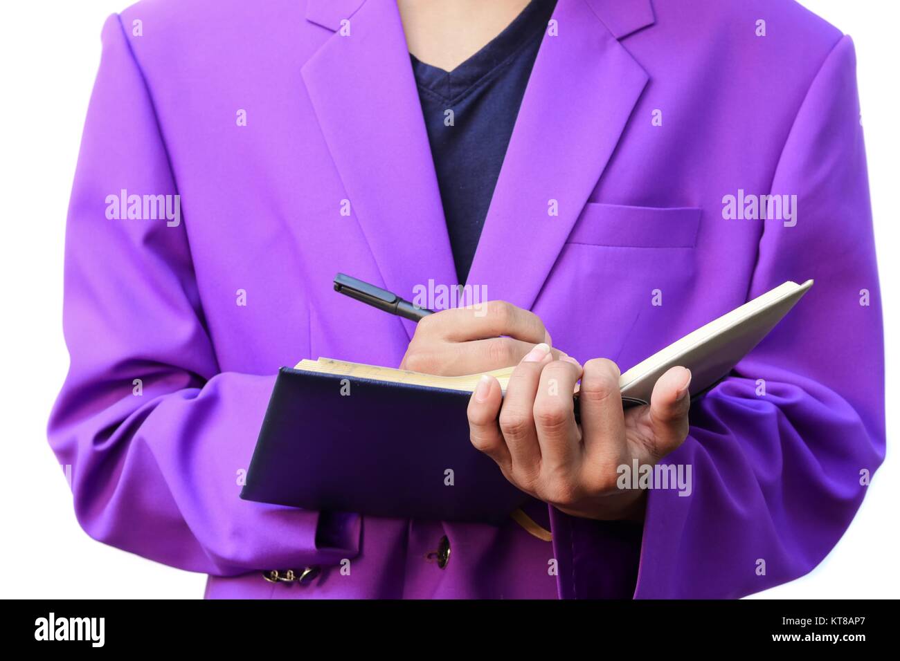 Businessman with notepad in hands signing documents on white background ...