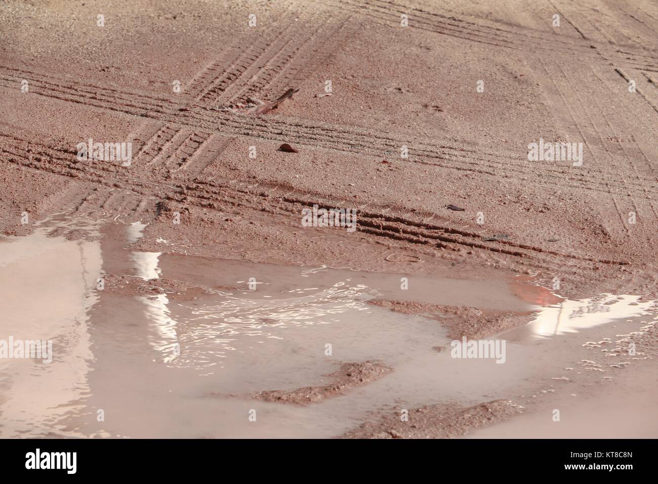 Wheel track on the mud soil which has water in floor Stock Photo - Alamy