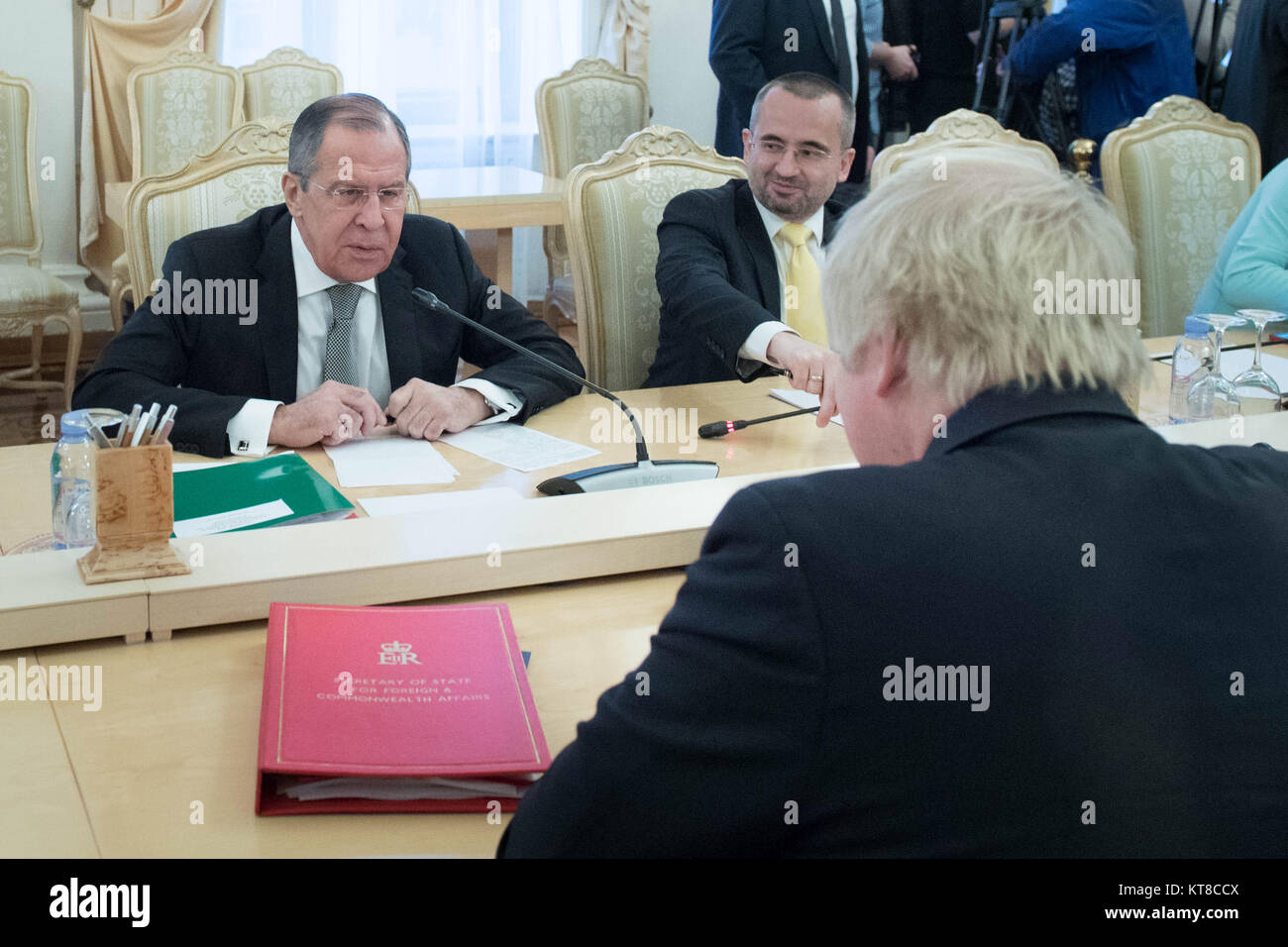 Foreign Secretary Boris Johnson (back to camera) meeting his Russian ...