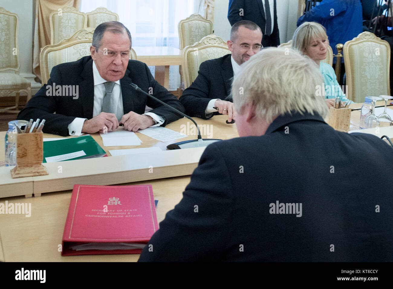 Foreign Secretary Boris Johnson (back to camera) meeting his Russian ...