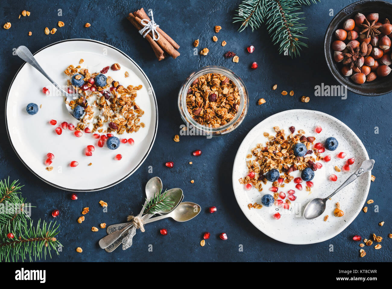 Breakfast composition with homemade cranberry granola, pomegranate ...