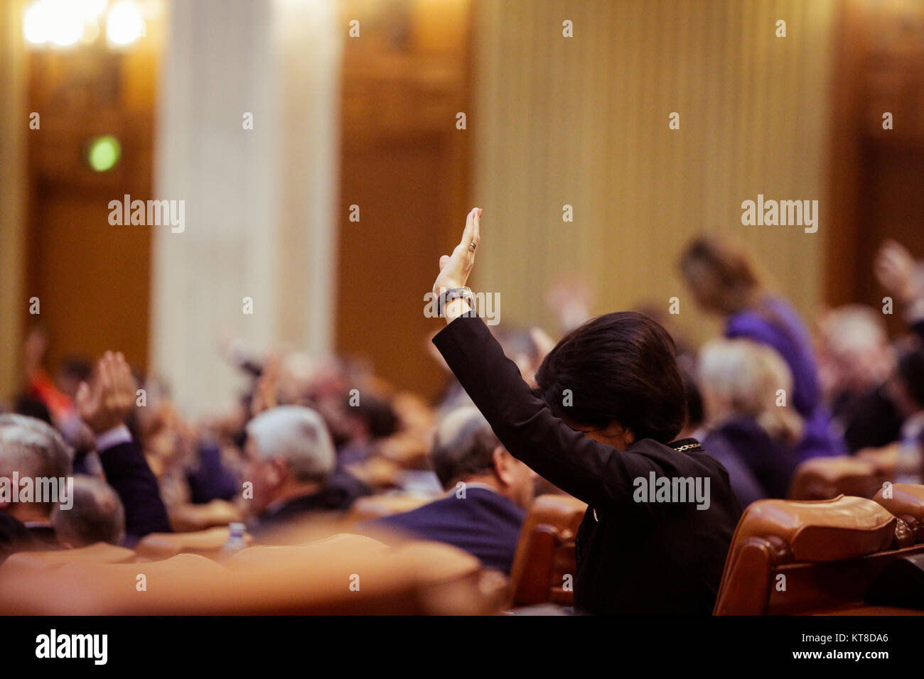 Members of Romanian Parliament vote by raising their hands Stock Photo ...