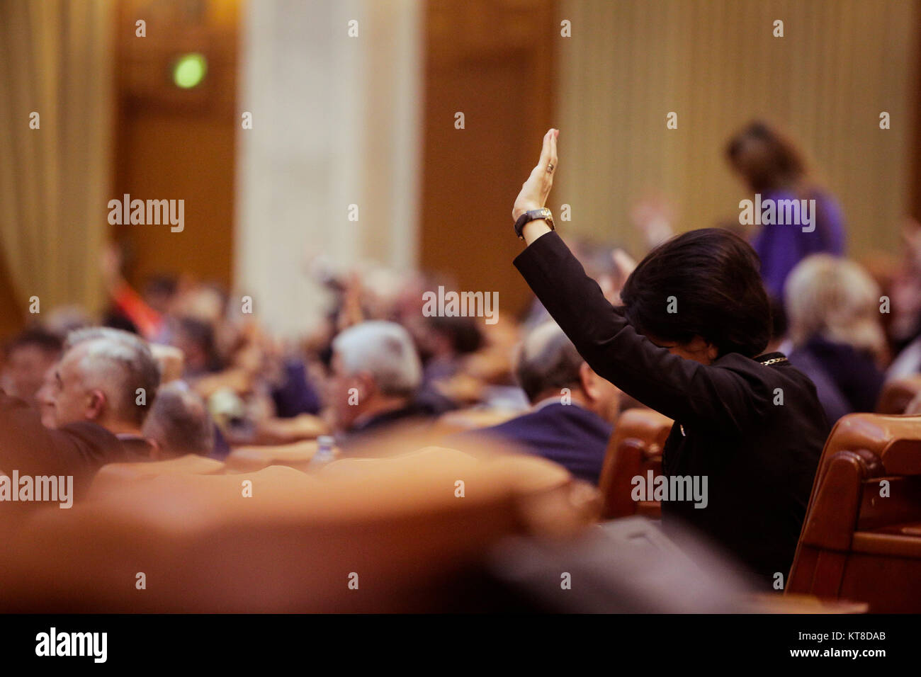 Members of Romanian Parliament vote by raising their hands Stock Photo ...