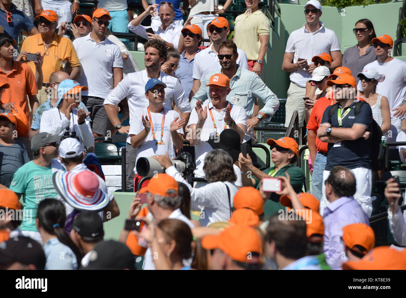 KEY BISCAYNE, FL - APRIL 05: Novak Djokovic of Serbia holds aloft the ...