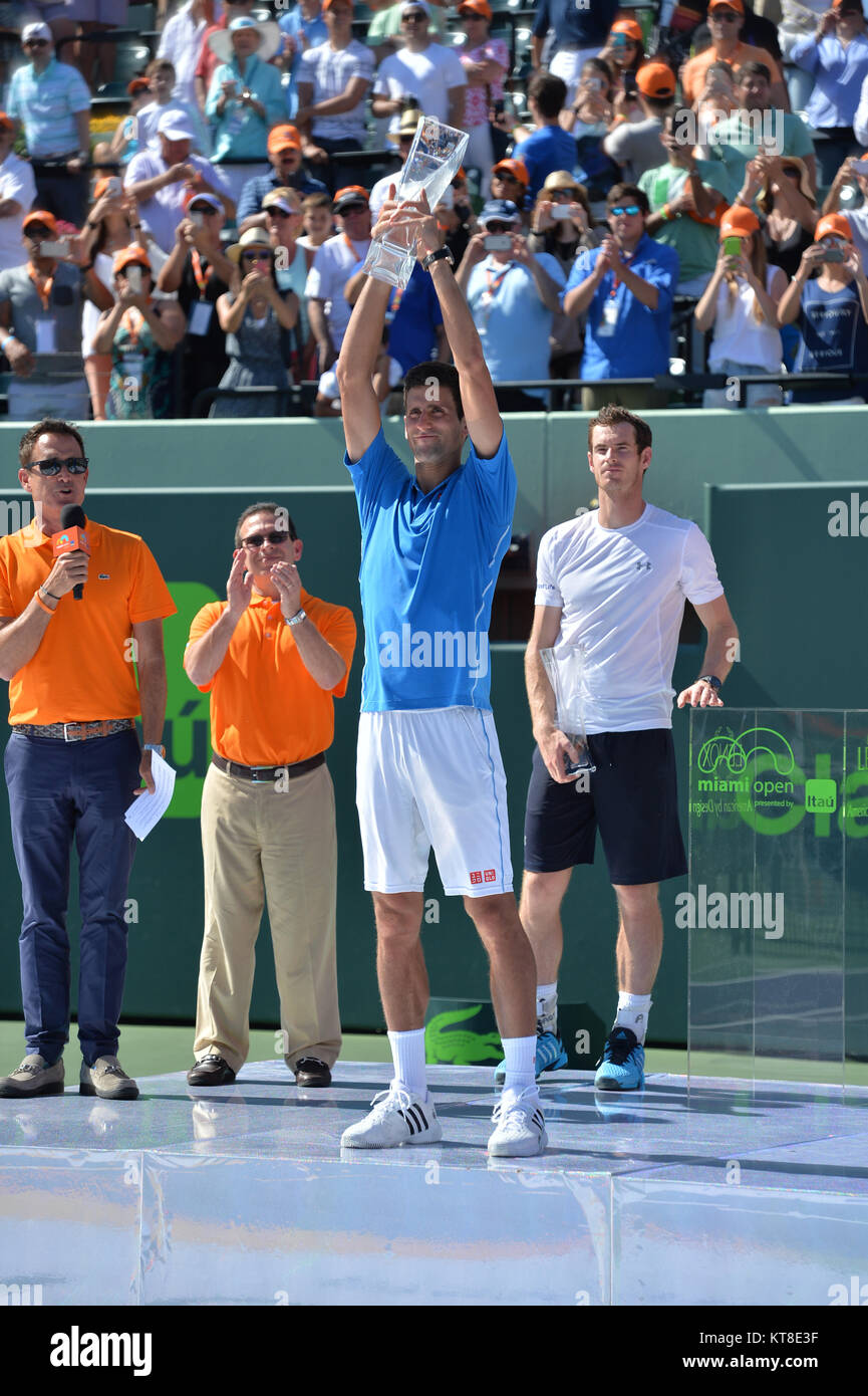 KEY BISCAYNE, FL - APRIL 05: Novak Djokovic of Serbia holds aloft the ...