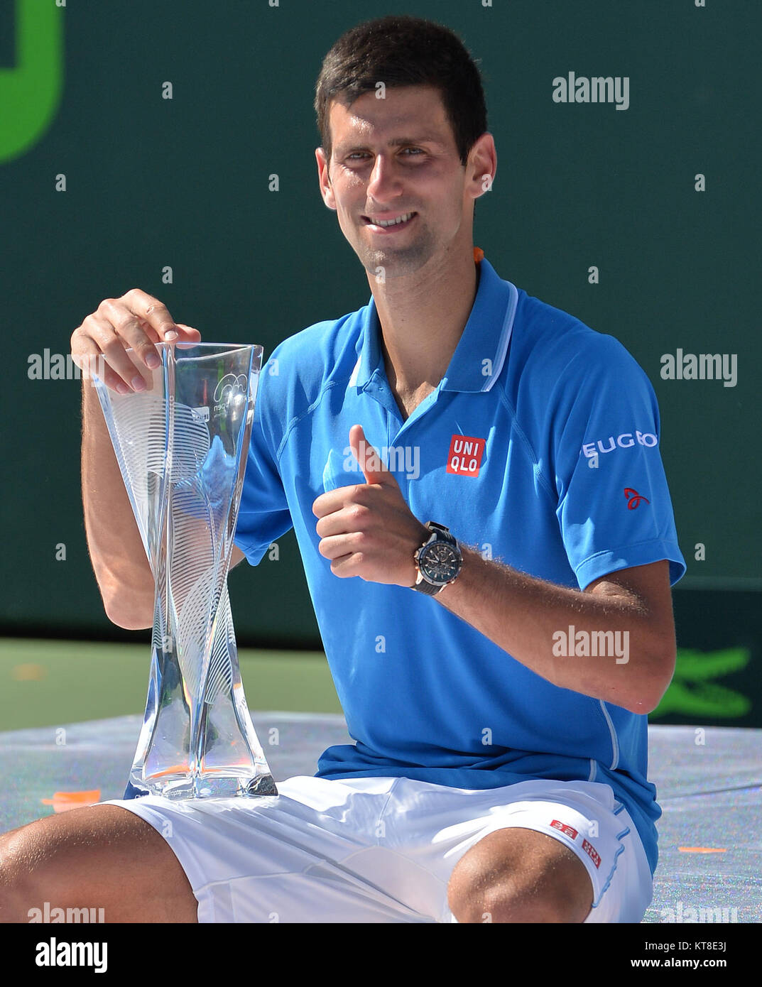 KEY BISCAYNE, FL - APRIL 05: Novak Djokovic of Serbia holds aloft the ...