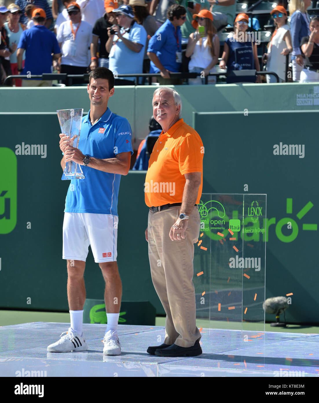 KEY BISCAYNE, FL - APRIL 05: Novak Djokovic of Serbia holds aloft the ...