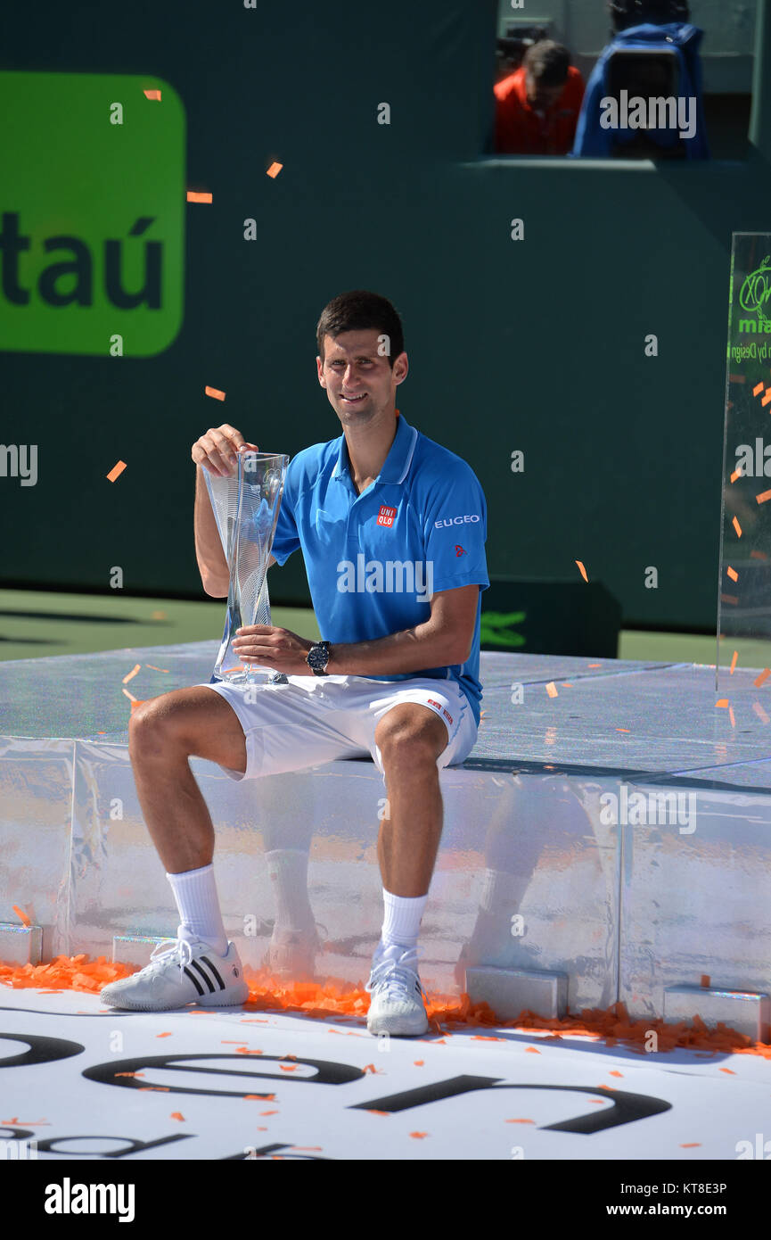 KEY BISCAYNE, FL - APRIL 05: Novak Djokovic of Serbia holds aloft the ...