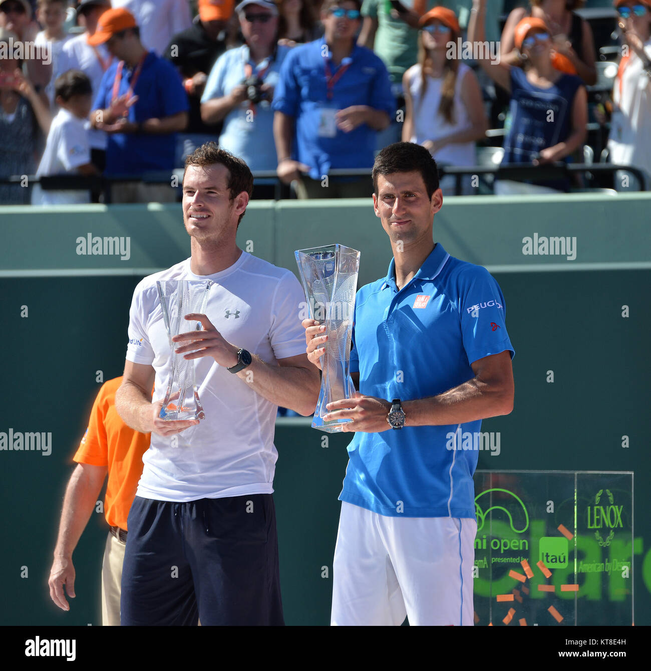 KEY BISCAYNE, FL - APRIL 05: Novak Djokovic of Serbia holds aloft the ...