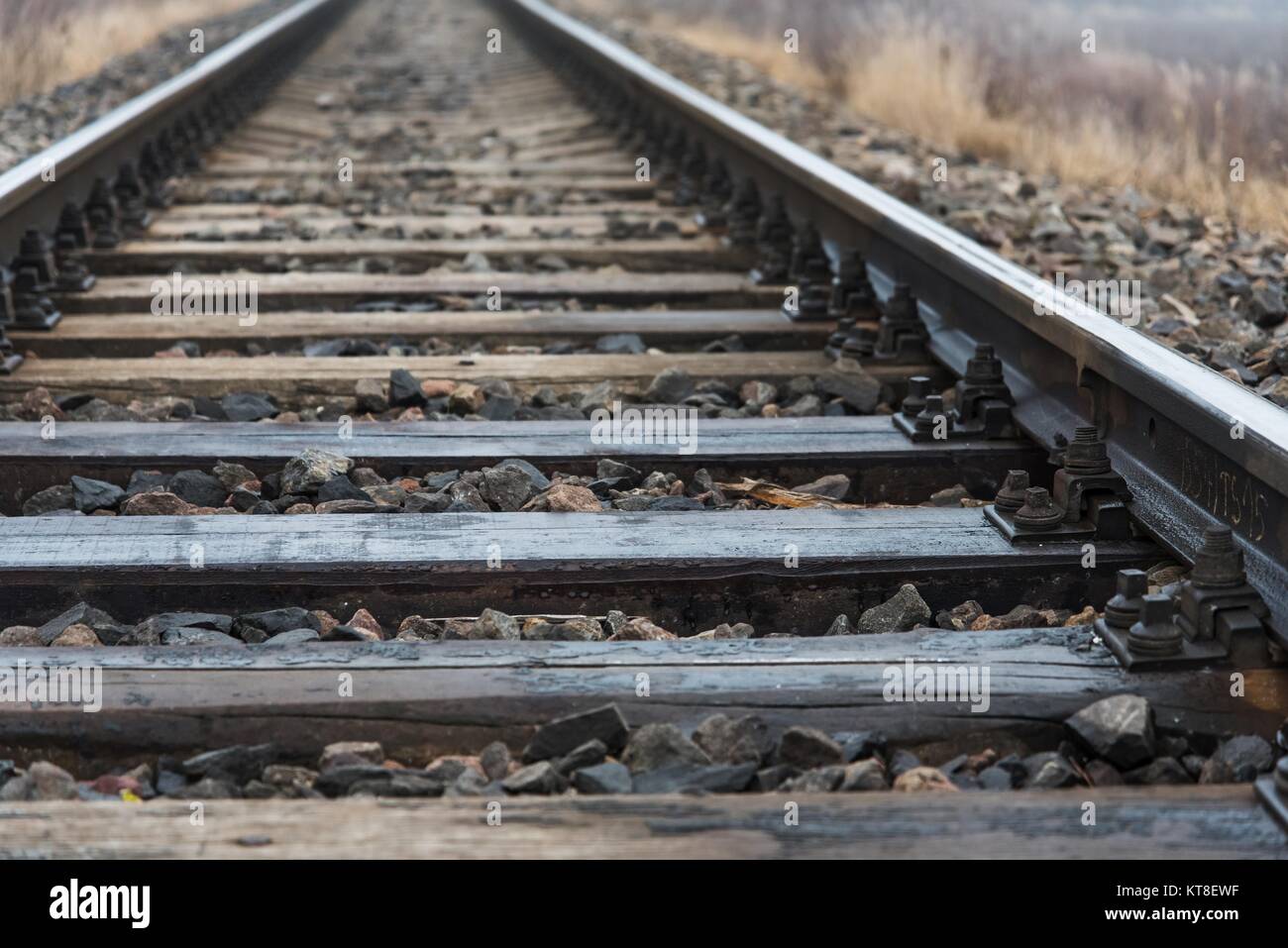 Detail of railway tracks with girder and gravel. Shallow DOF Stock ...
