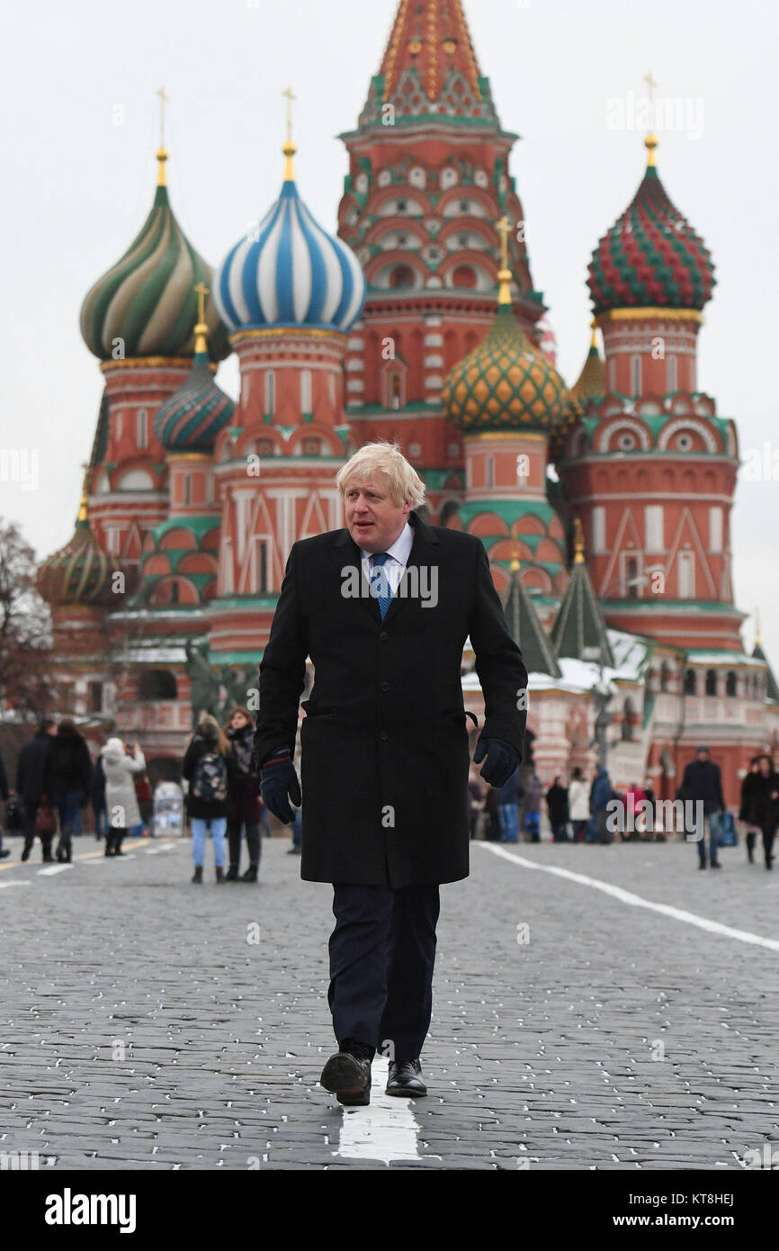 Foreign Secretary Boris Johnson stands in front of St Basil's Cathedral ...