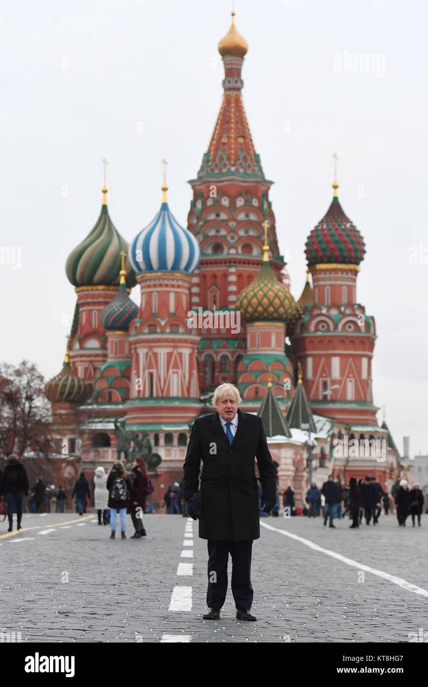 Foreign Secretary Boris Johnson stands in front of St Basil's Cathedral ...