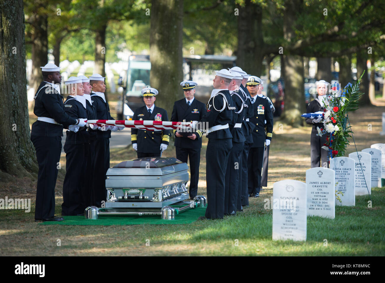 The U.S. Navy Ceremonial Guard participate in the graveside service of ...