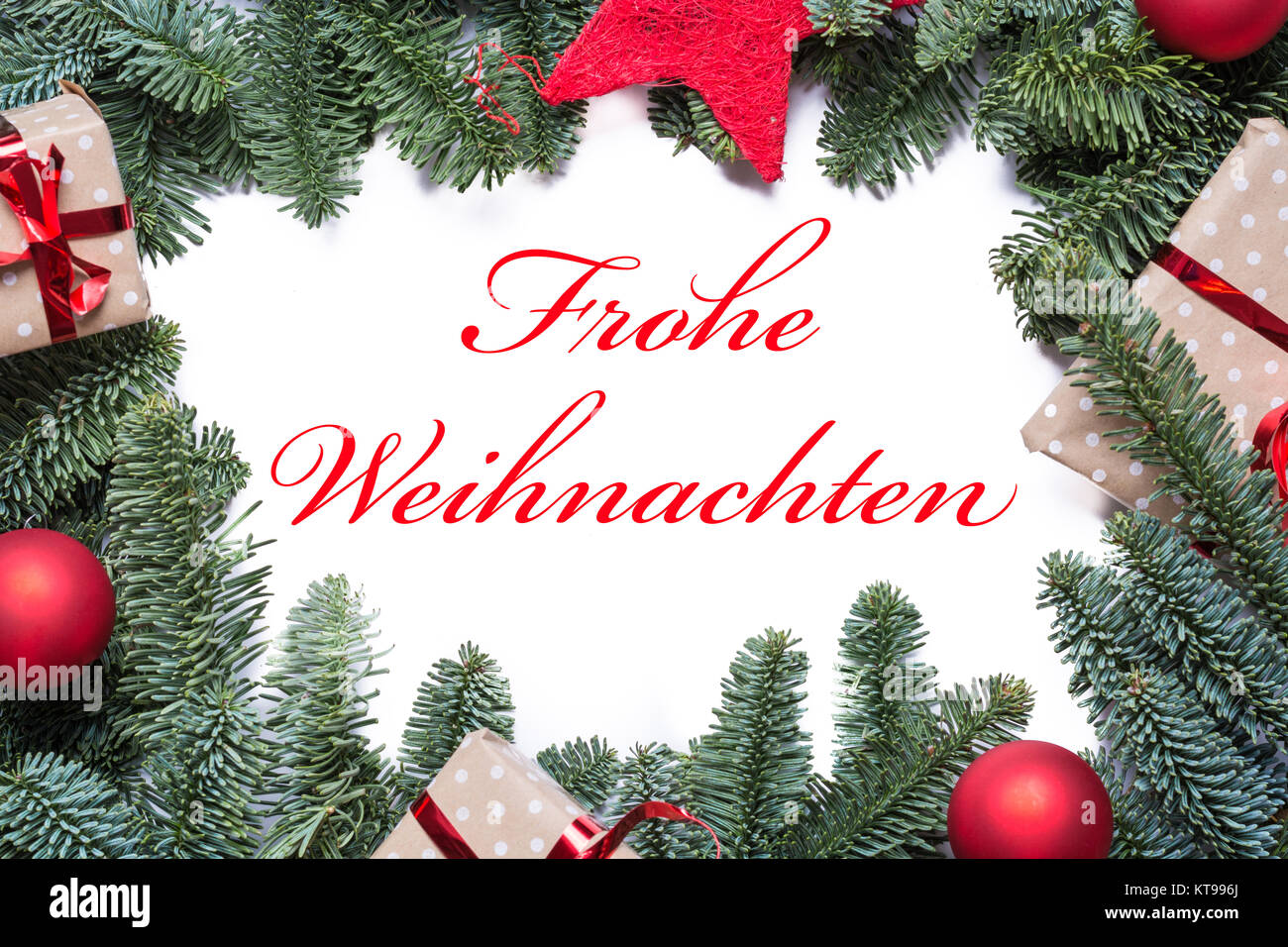 The text Merry Christmas in German in red on a Christmas background ...