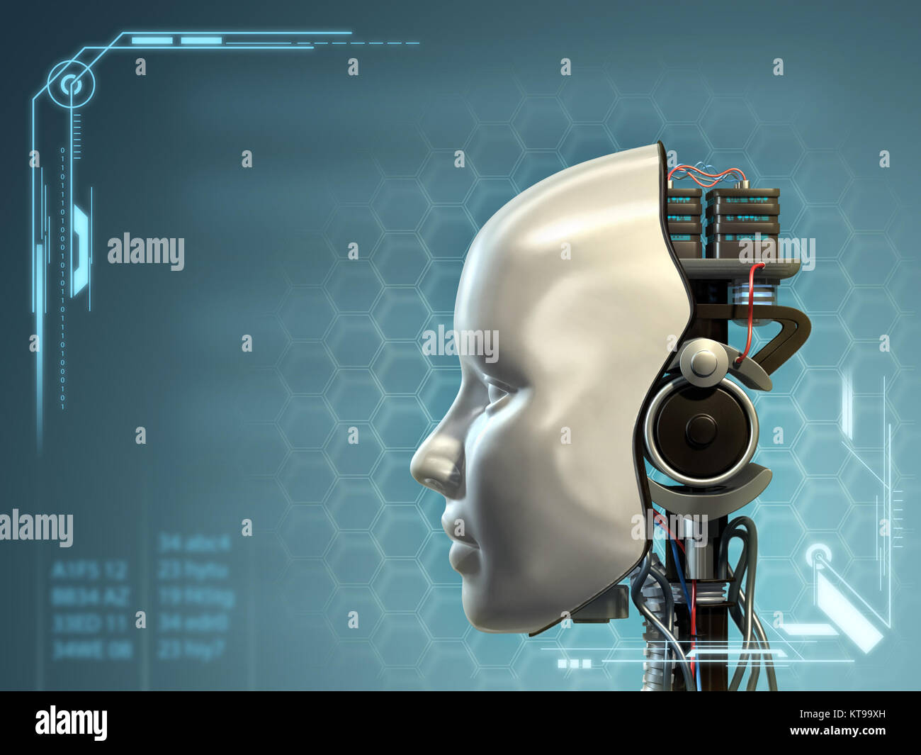 An android has part of his head mask removed, revealing its inner ...