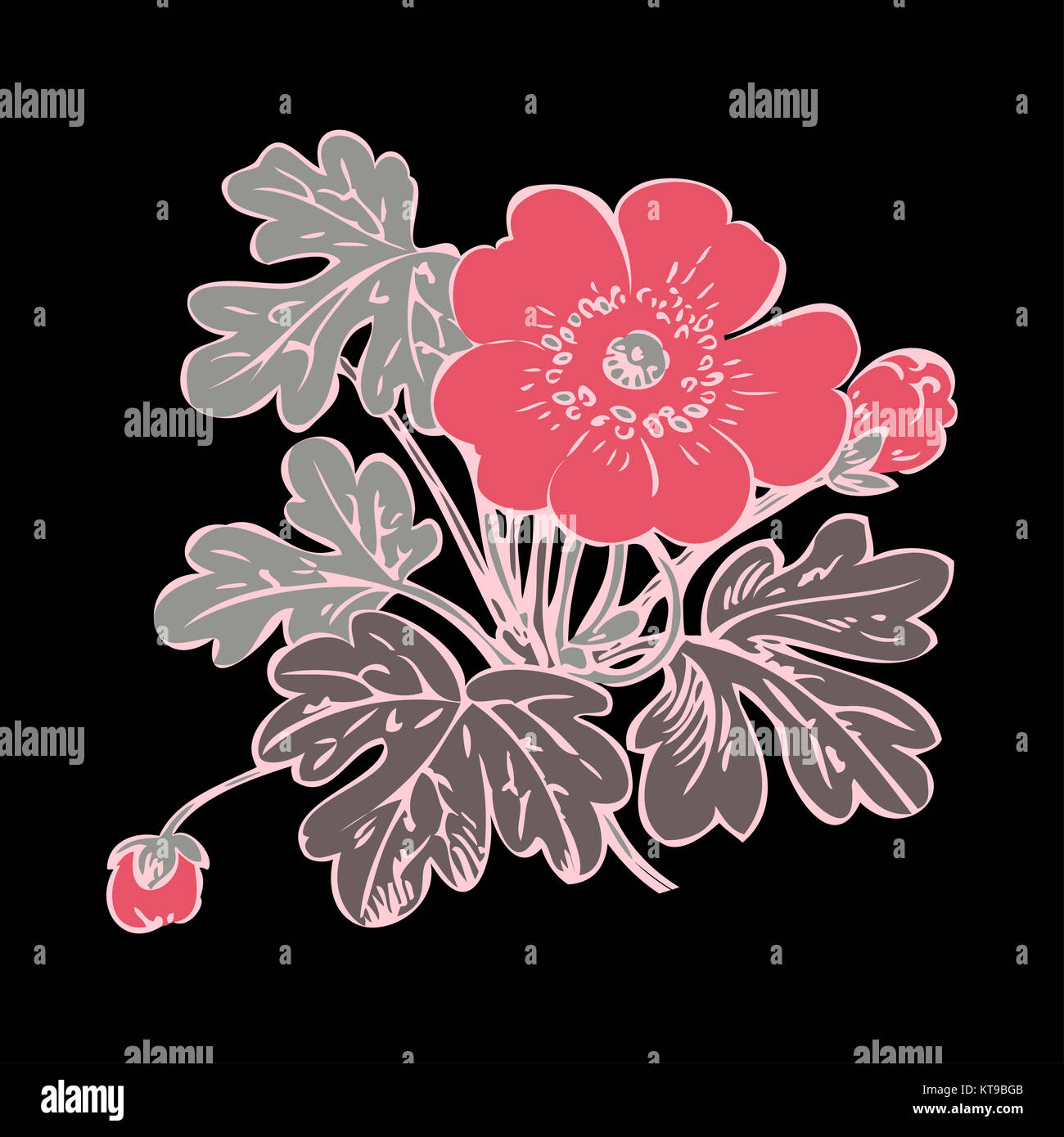 Floral bush retro on black background vector, hand drawn decorat Stock ...