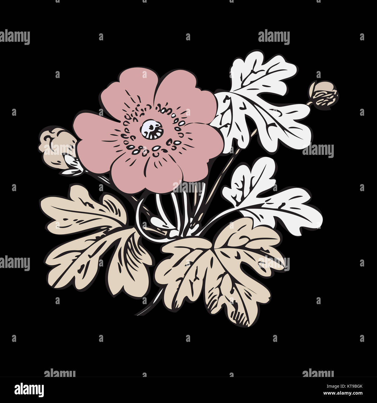 Floral bush retro on black background vector, hand drawn decorat Stock ...